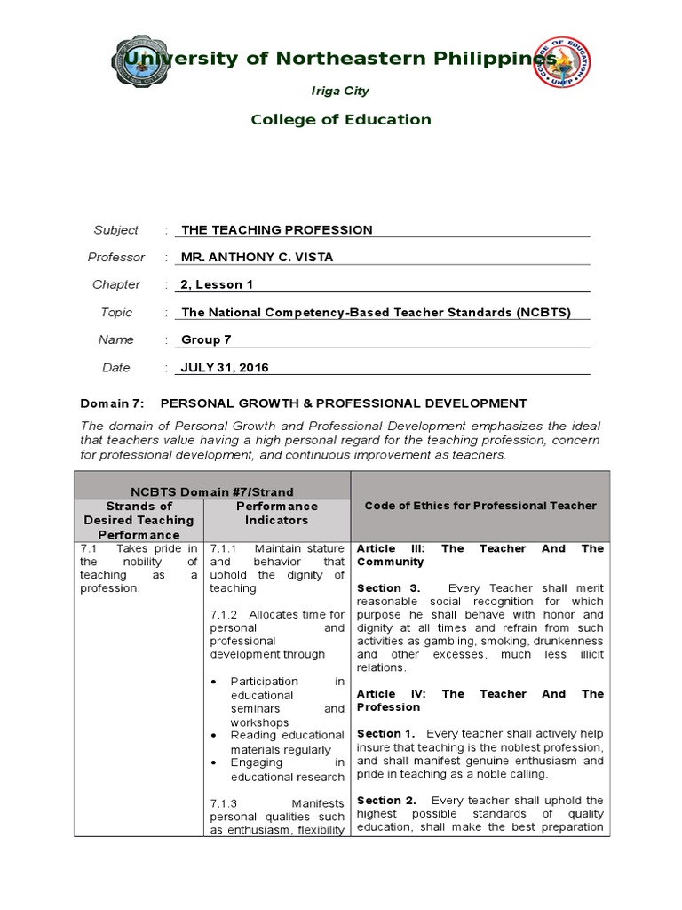 NCBTS Domain 7 PDF Profession Teachers