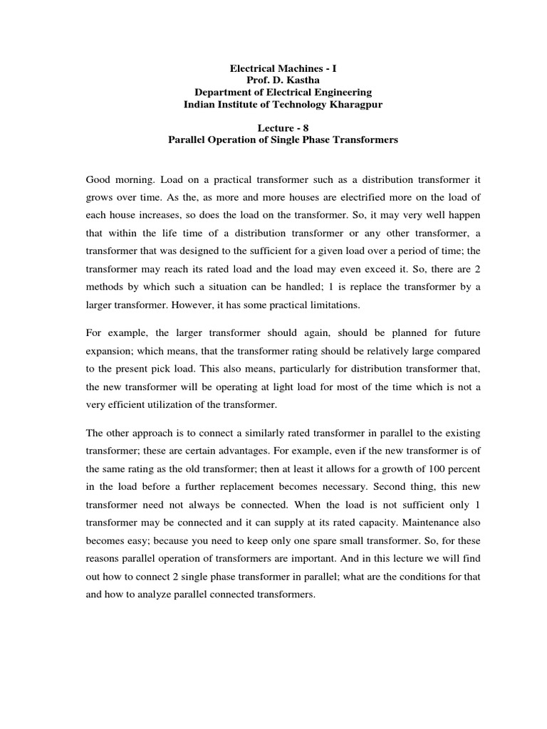 Parallel Operation of Transformers | PDF | Transformer | Electrical Impedance