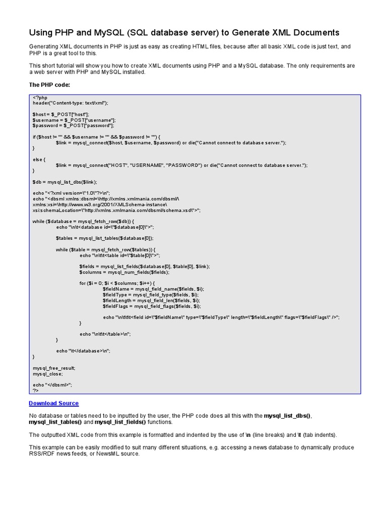 Using Php And Mysql Sql Database Server To Generate Xml Documents Pdf