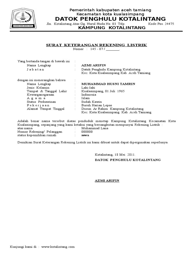 Form - S. Ket. Rekening Listrik | PDF