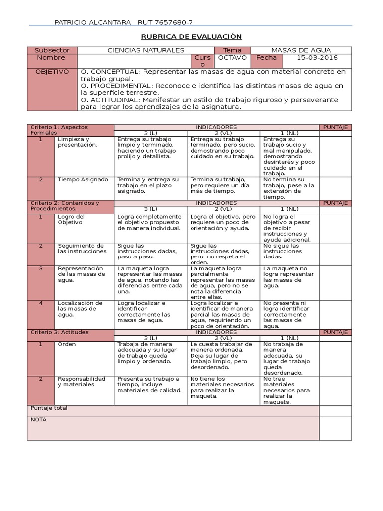 RUBRICA PARA MODELO ATOMICO CIENCIAS NATURALES | Cognición | Sicología ...