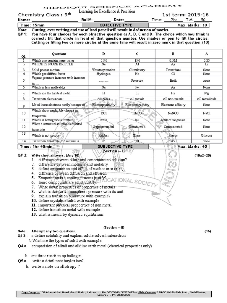 Chemistry Class: 9 1st Term: 2015-16: Q1. Questions D C B A | PDF