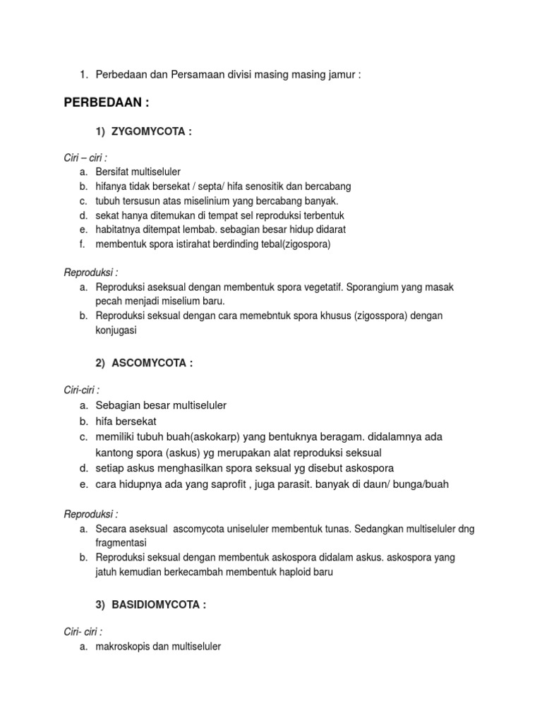 Perbedaan Dan Persamaan Divisi Masing Masing Jamur | PDF
