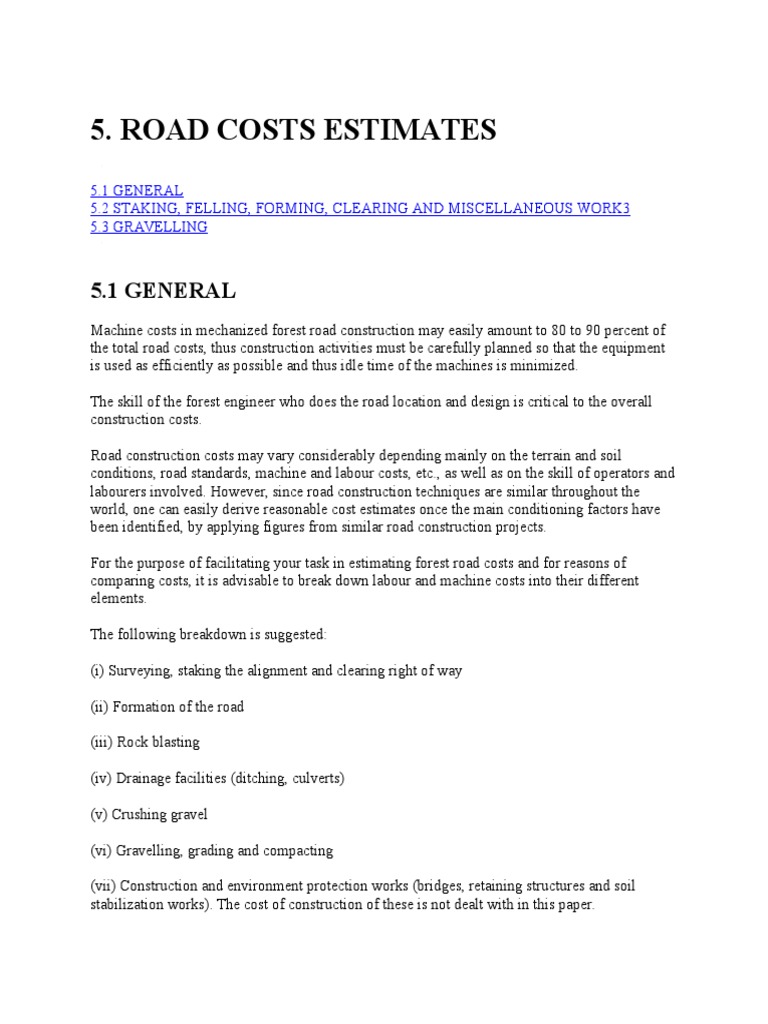 Road Costs Estimates: 5.1 General | PDF | Road | Slope