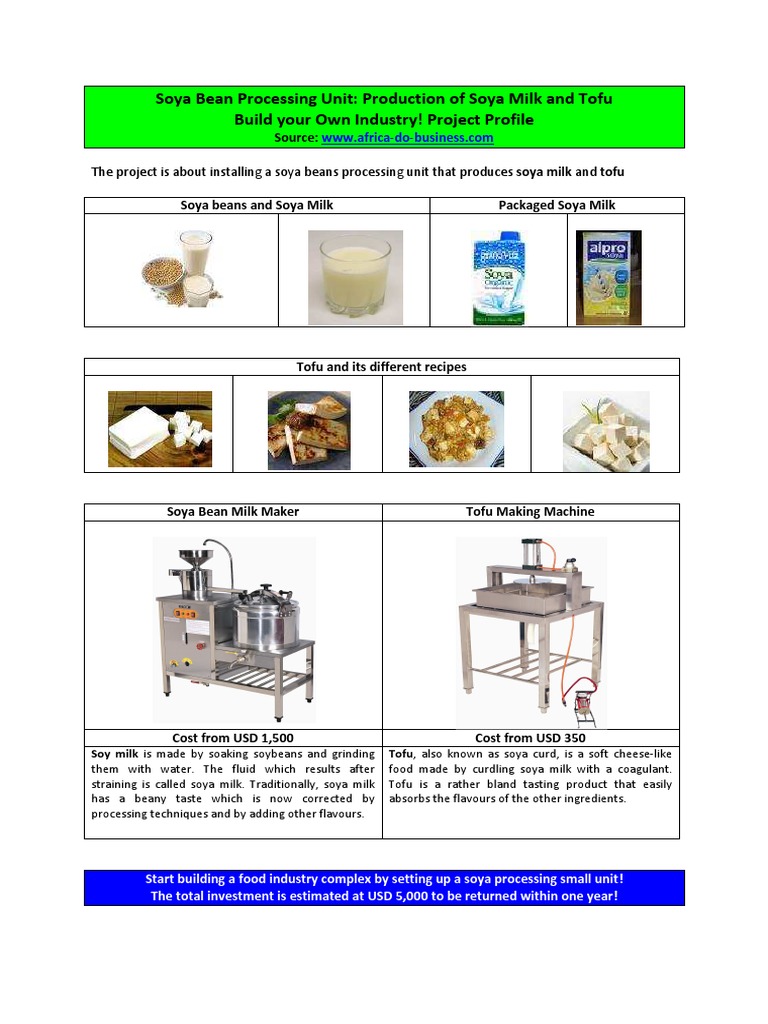Soya Processing Unit Project Profile | PDF | Soy Milk | Soybean