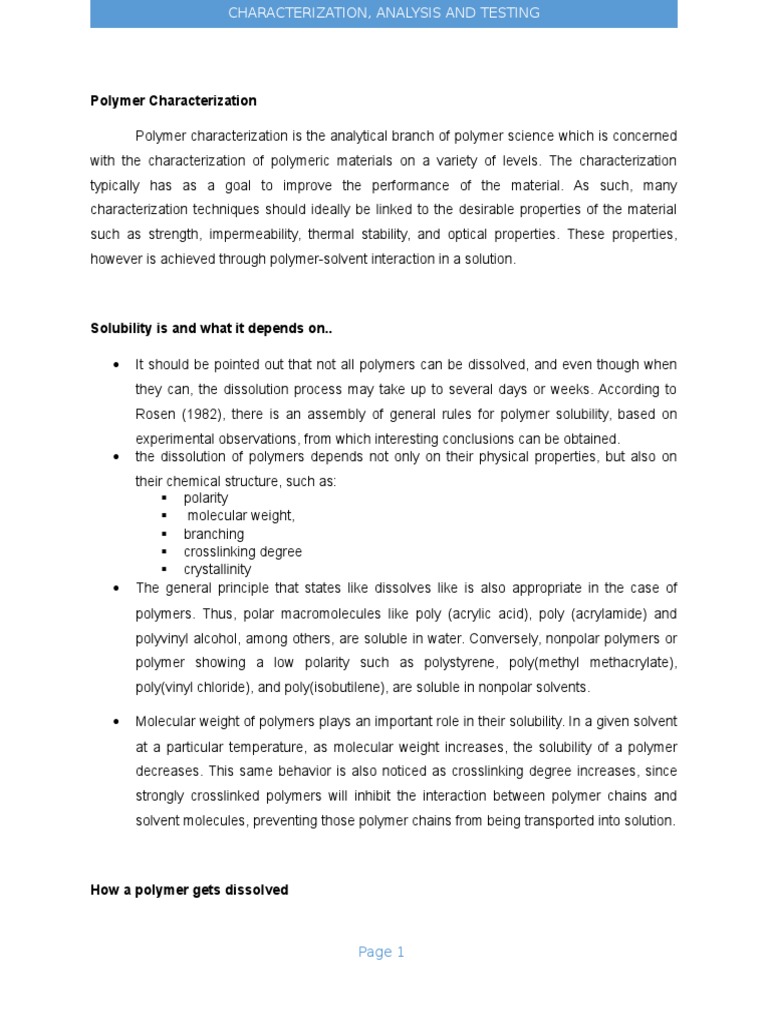 Polymer Characterization | PDF | Polymers | Dissolution (Chemistry)