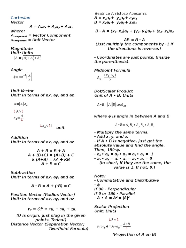 Vector Analysis Reviewer | PDF | Euclidean Vector | Abstract Algebra