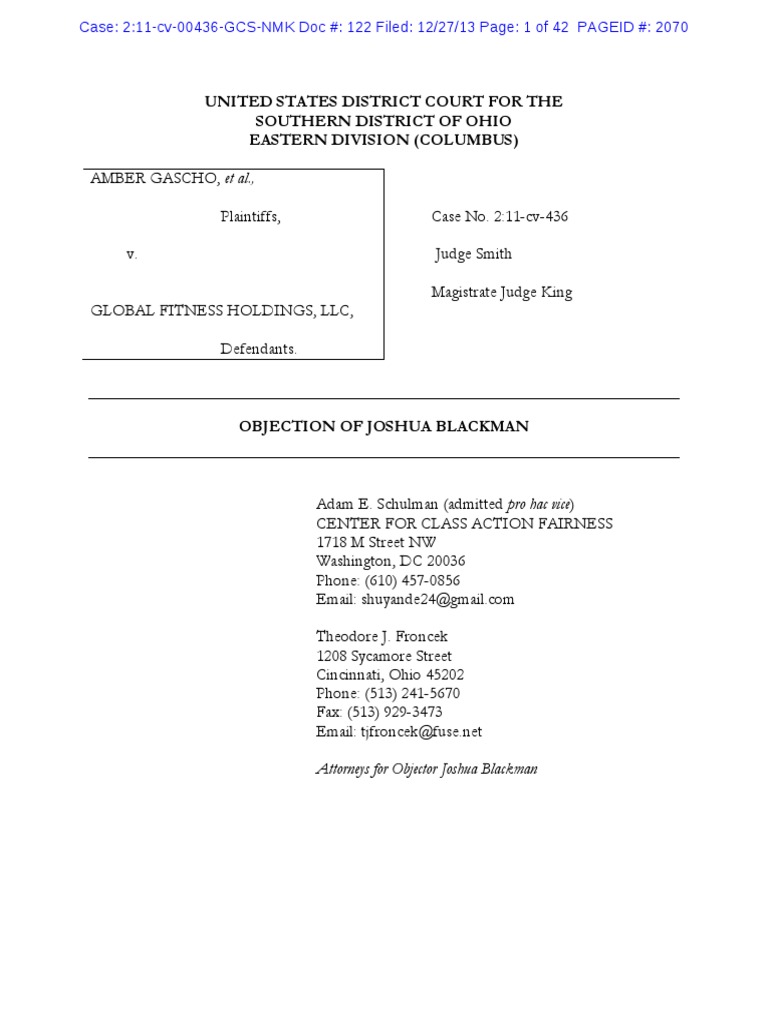Blackman v. Gascho - 122 Objection | PDF | Class Action | Lawsuit