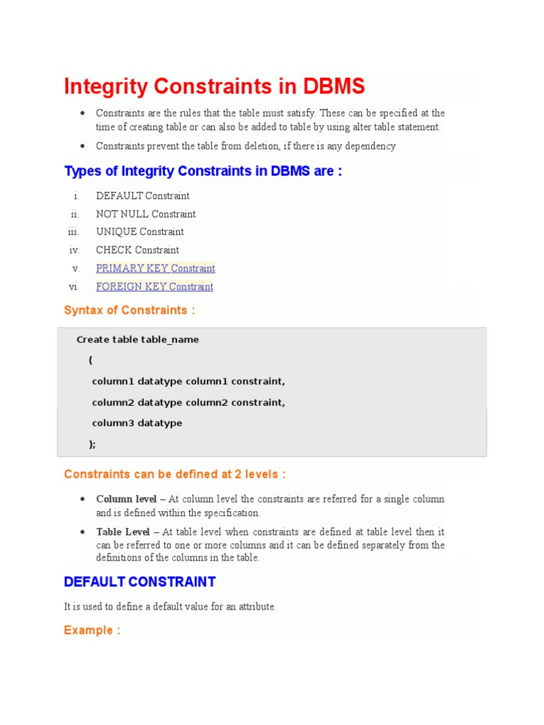 Integrity Constraints In Dbms Table Database Information Retrieval