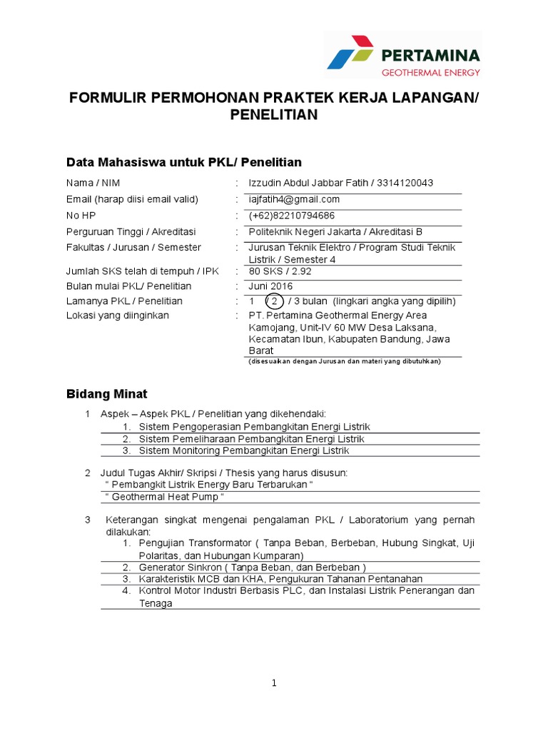 Formulir PKL TA PGE 2016 (Rizky) | PDF