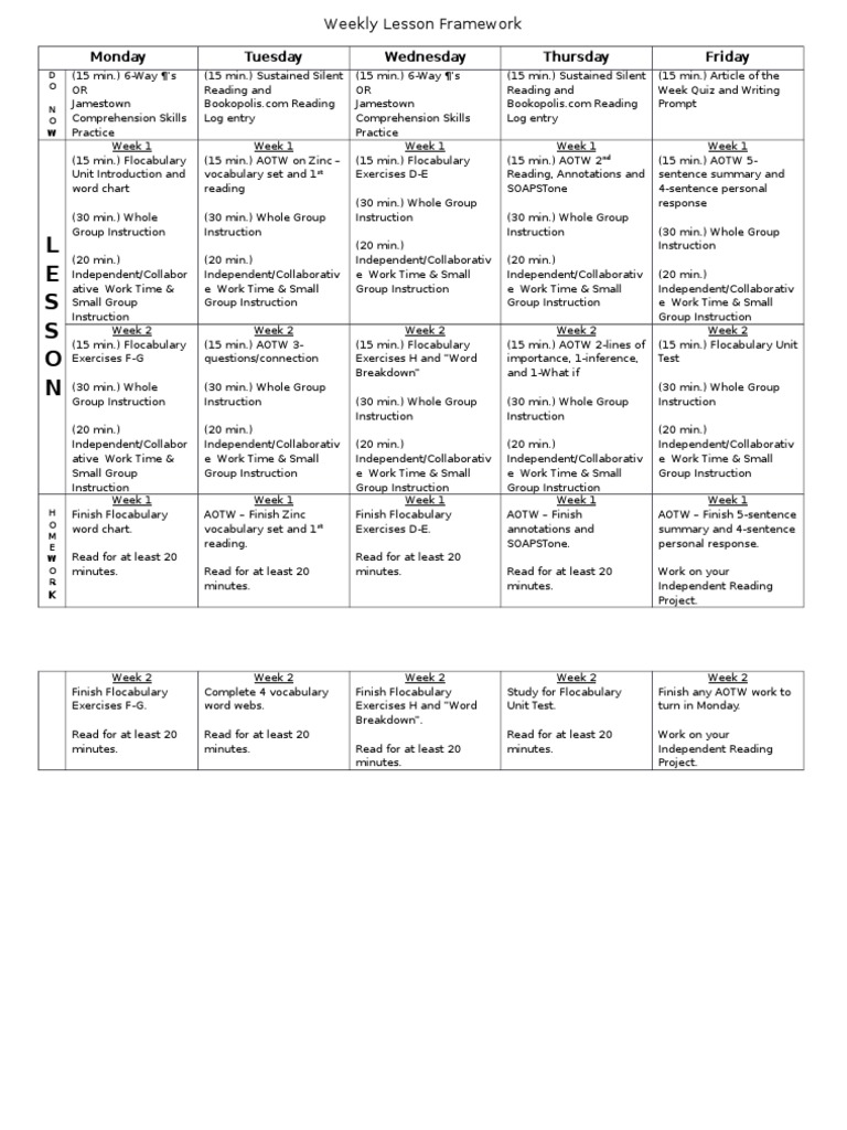 Weekly Reading & Vocabulary Plan | PDF | Reading Comprehension | Teaching