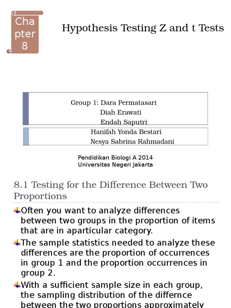 Hypothesis Testing Z and T Tests (CHAPTER 8) | PDF | Student's T Test ...
