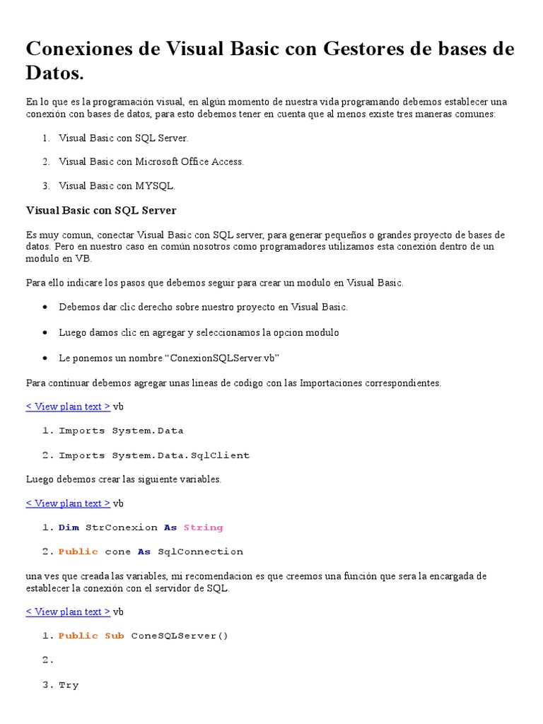 Conexiones de Visual Basic Con Gestores de Bases de Datos | PDF ...
