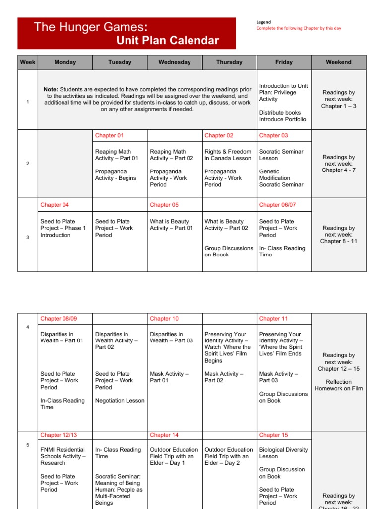 Hunger Games Unit Calendar | PDF