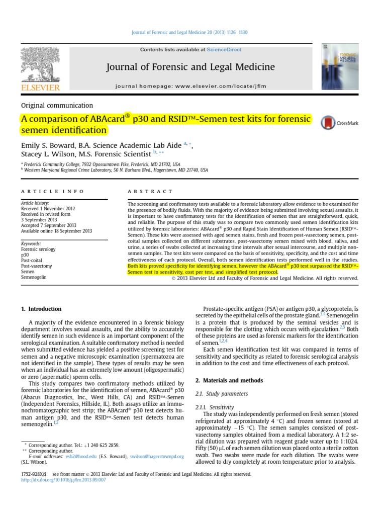 Comparison of ABAcard p30 and RSID Semen Test Kits For Forensic Semen ...