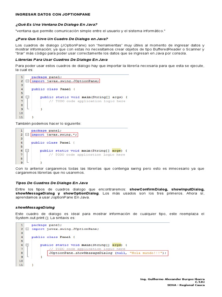 Uso de JOptionPane en Java | PDF | Java (lenguaje de programación ...