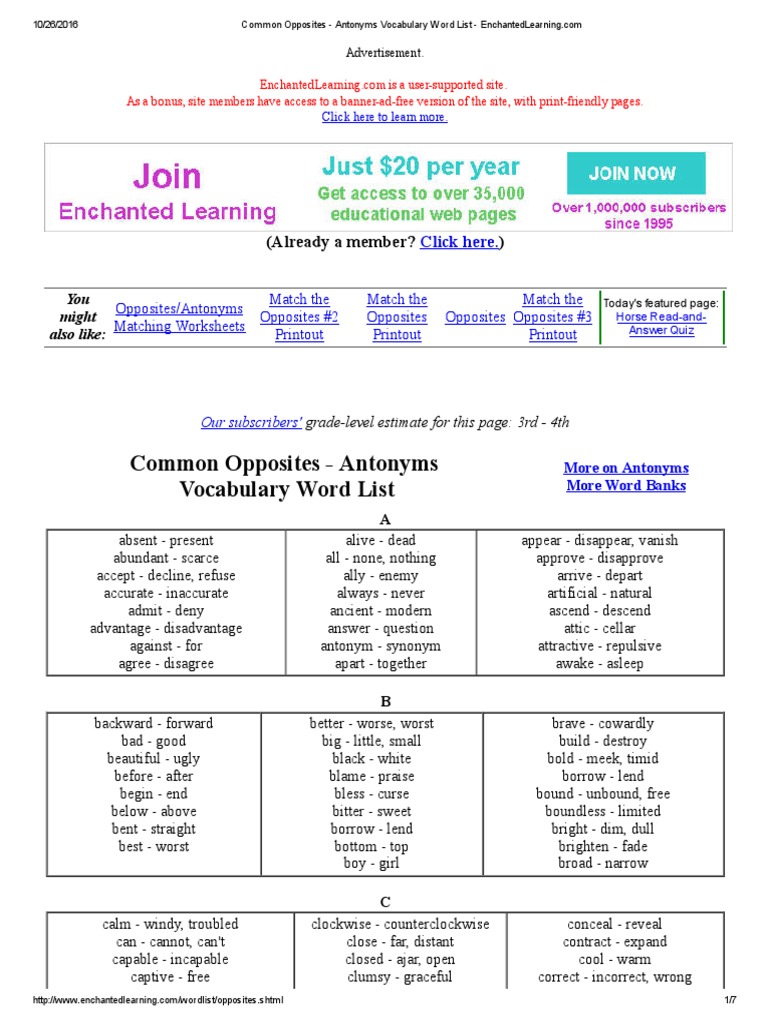 Common Opposites - Antonyms Vocabulary Word List | PDF | Linguistics