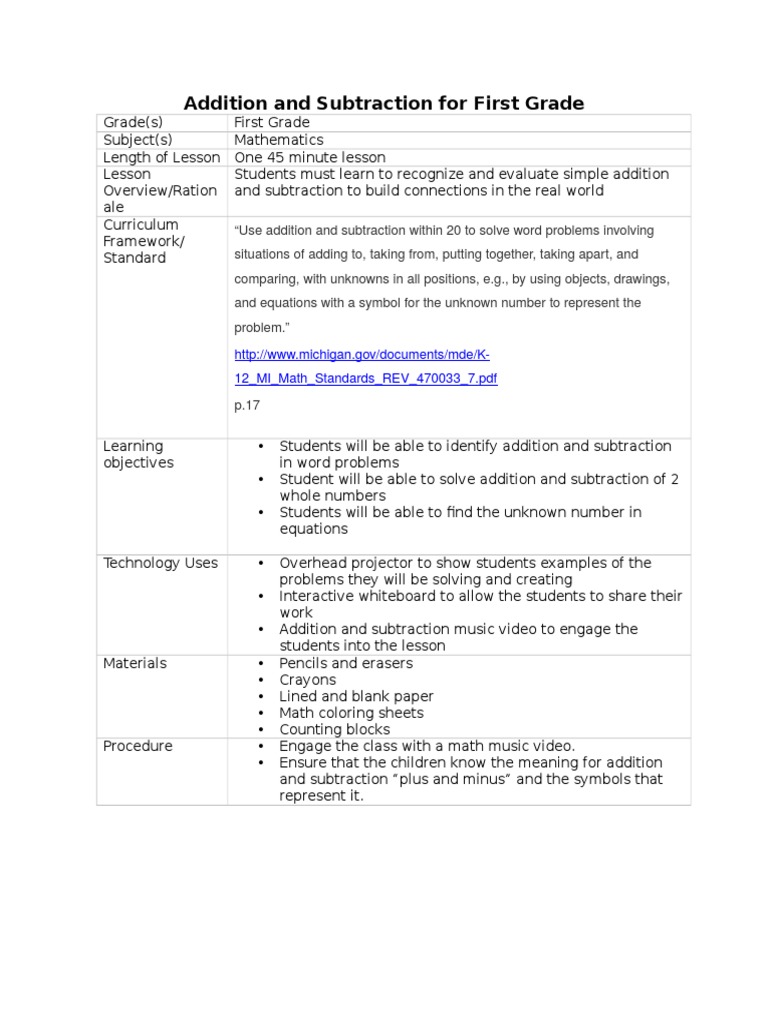 Addition and Subtraction For First Grade Lesson Plan With Rubic 1 | PDF ...