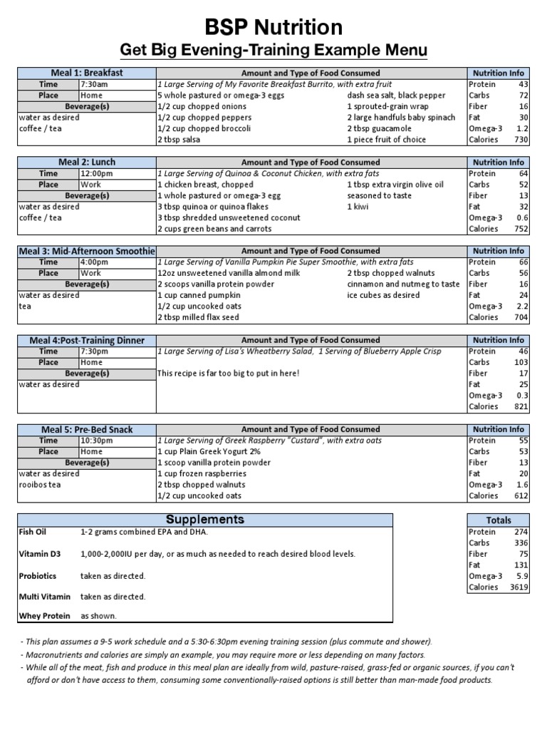 Get Big - Evening Training - Example Menu | PDF | Meal | Eating ...