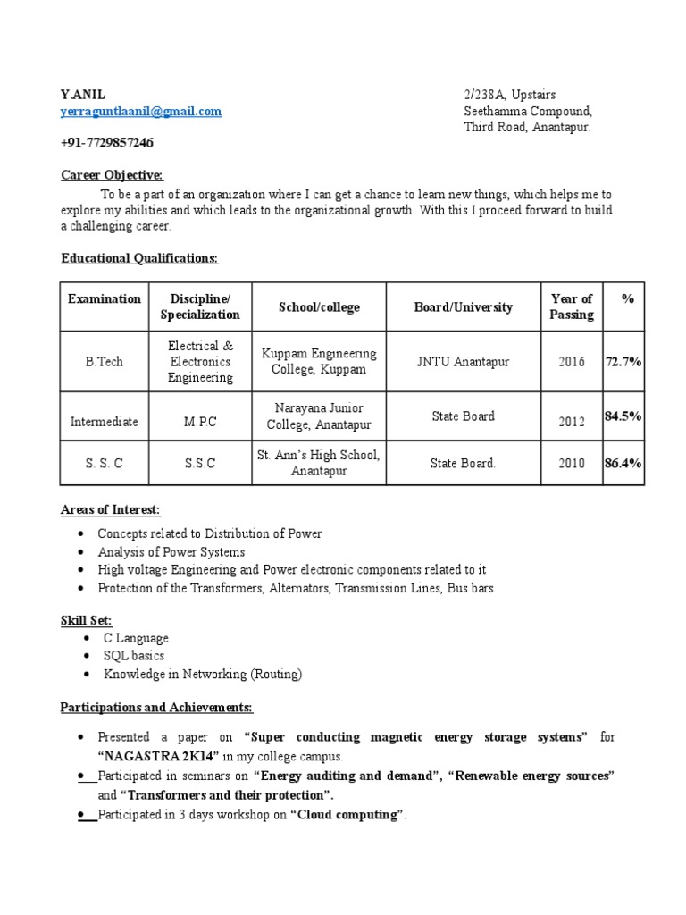Anil Resume | PDF | Electric Power System | Electronics