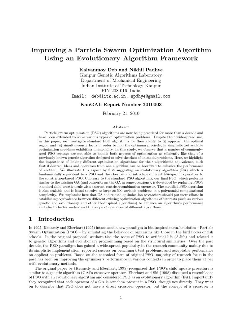 Improving Particle Swarm Optimization Using Evolutionary Operators | PDF | Mathematical ...