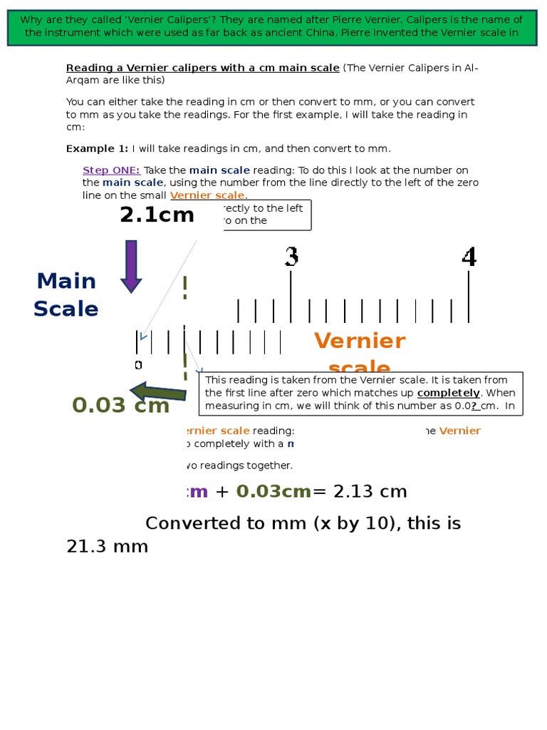 Reading the Vernier Calipers With Cm Main Scale