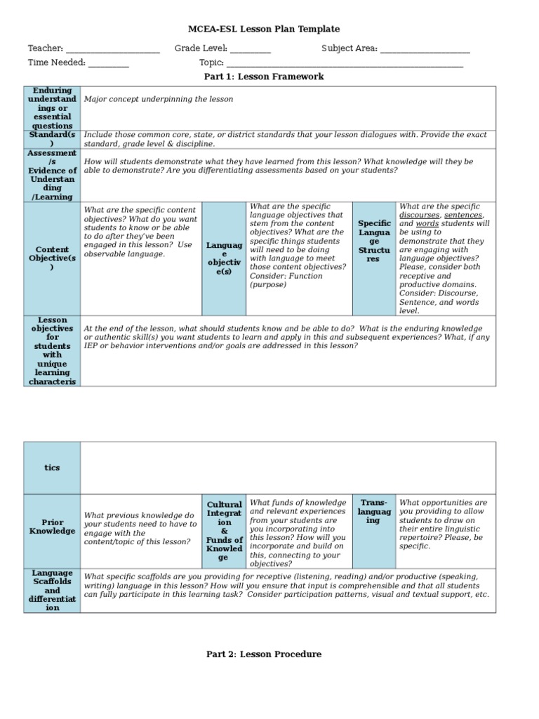 MCEA-ESL Lesson Plan Framework | PDF | Lesson Plan | Educational Assessment