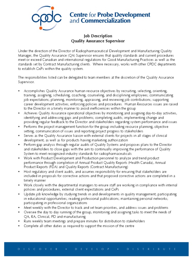 Job Description Quality Assurance Supervisor | PDF | Quality Assurance ...