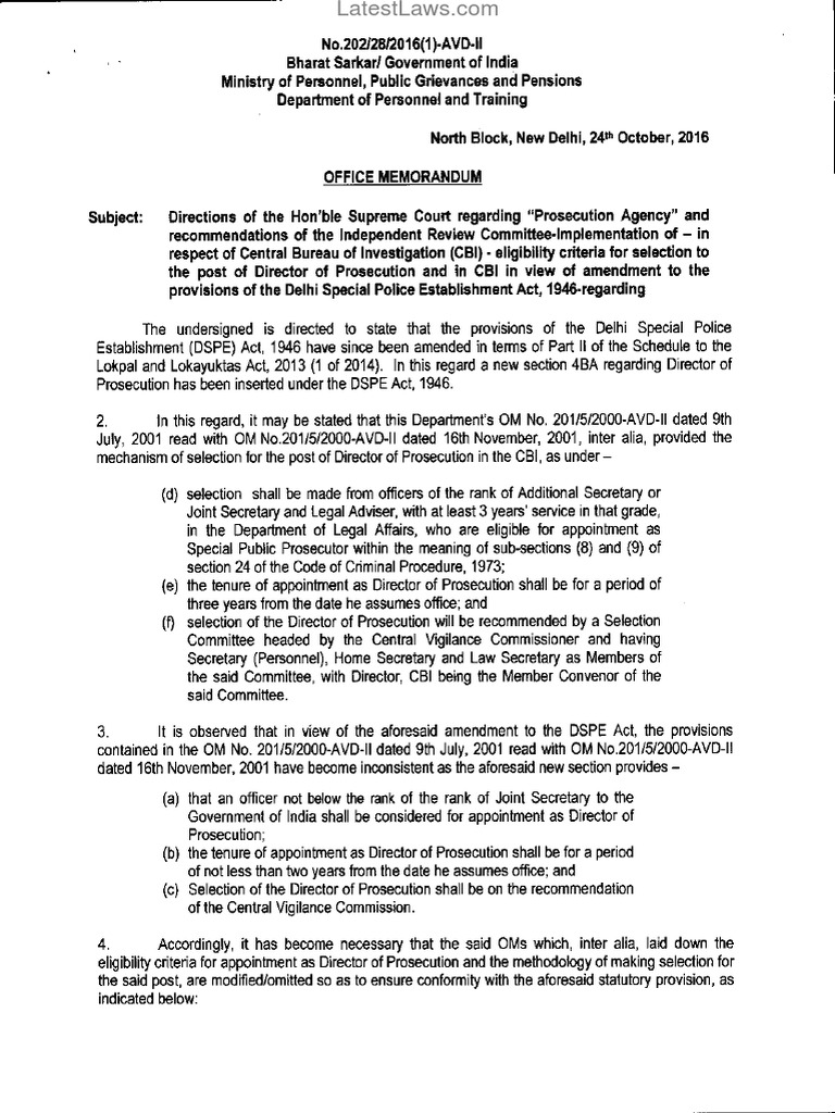 GOI Office Memorandum On Appointments in CBI | PDF | Prosecutor ...