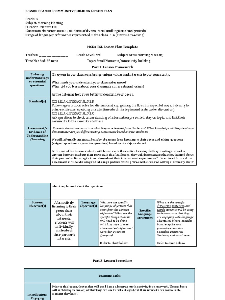 Lesson Plan #1: Community Building Lesson Plan: Enduring Understandings ...