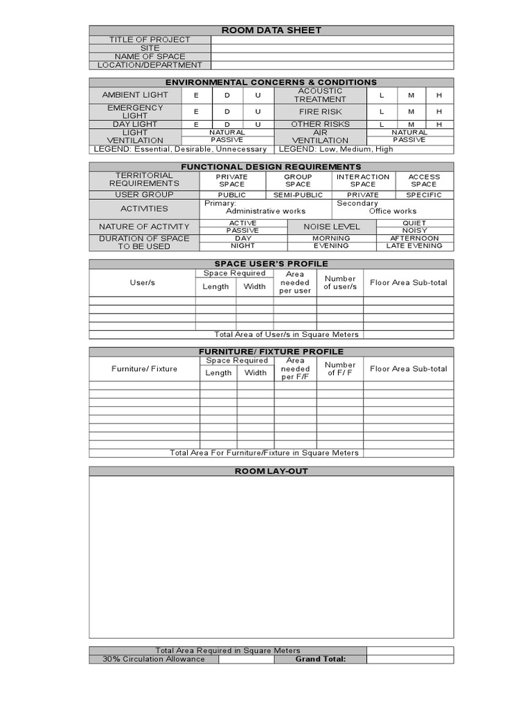 Room Data Sheet Template | PDF