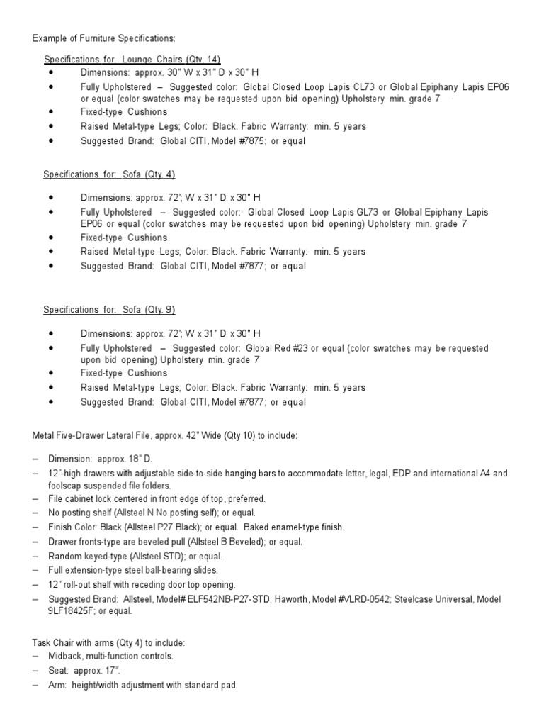 Furniture Specs Examples | PDF | Upholstery | Specification (Technical ...
