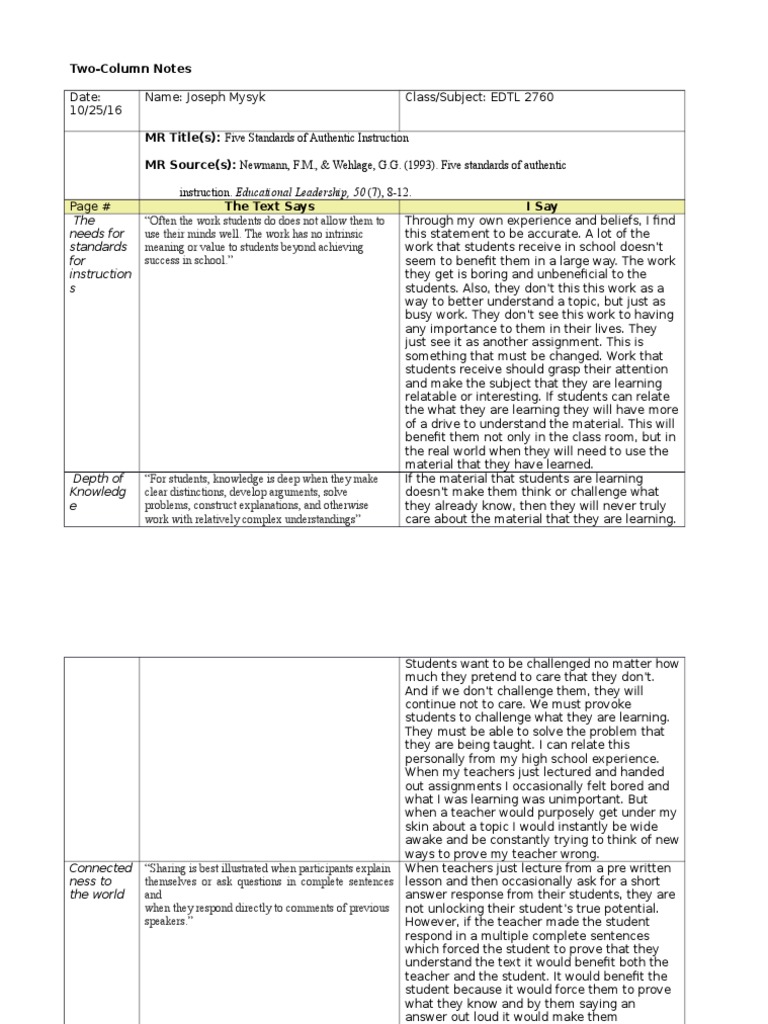 Two-Column Notes: Needs For Standards For Instruction S | PDF ...
