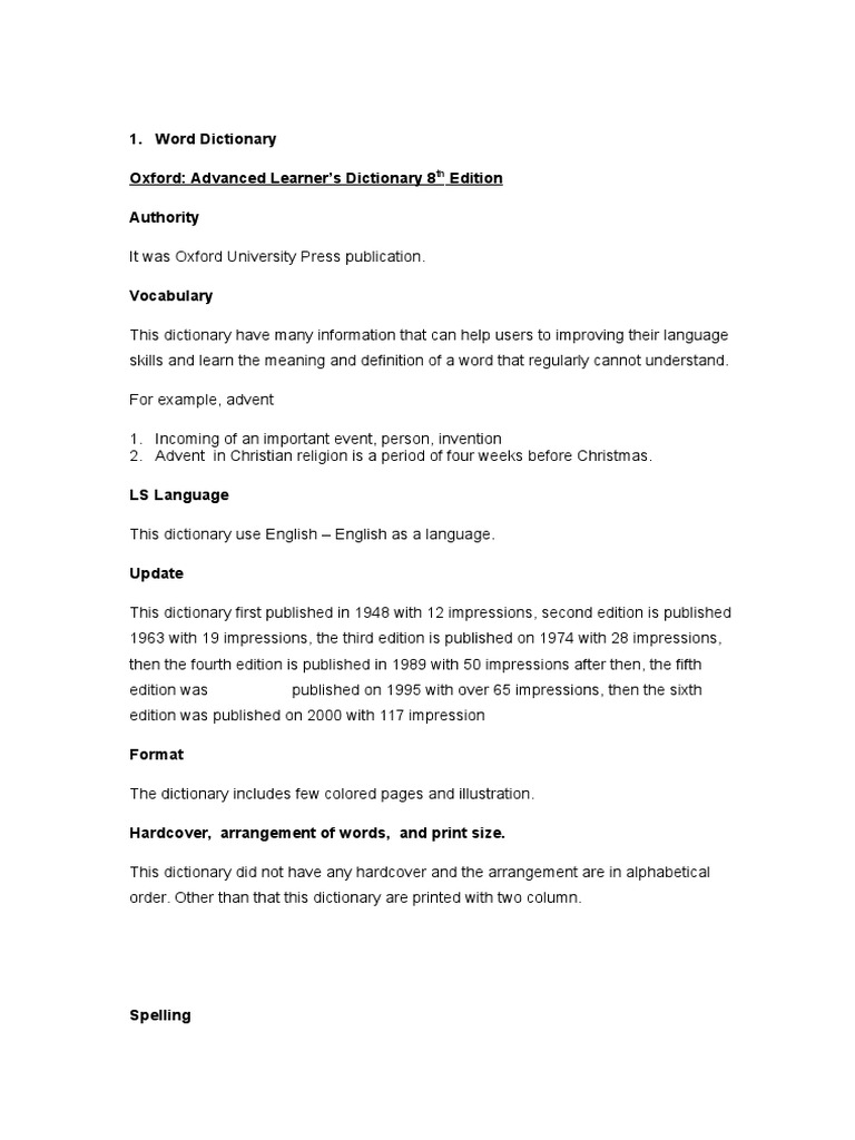 Word Dictionary Oxford: Advanced Learner's Dictionary 8 Edition ...