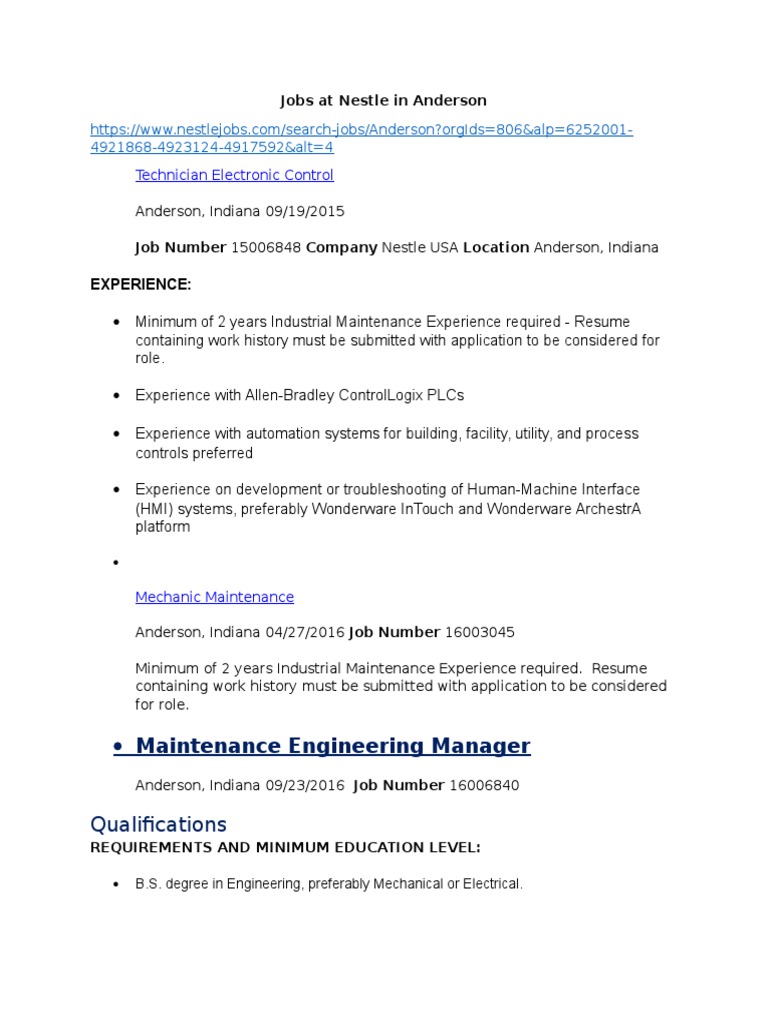 Jobs at Nestle in Anderson 10-26-16 | PDF | Automation | User Interface