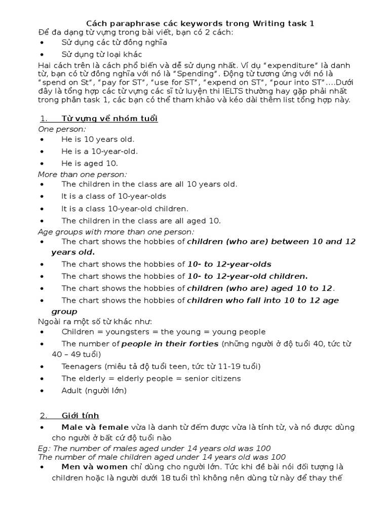 Cách Paraphrase Các Keywords Trong Writing Task 1 | PDF
