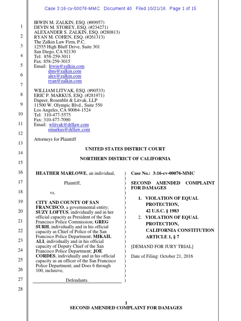 Marlowe vs. City and County of SF + SFPD - Second Amended Complaint | PDF | Rape | Victimology