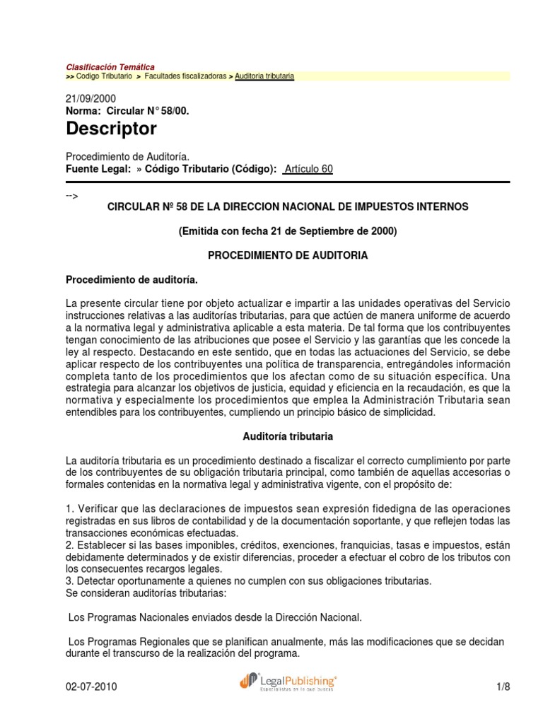 2000 - Circular 58 - Procedimiento de Auditoria | PDF | Liquidación | Impuestos