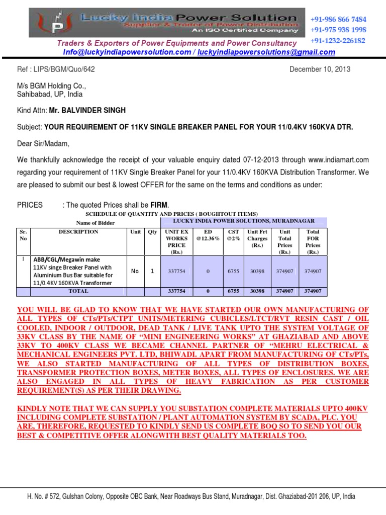 Quotation CT PT Isolator VCB AB Switch Drop Out Fuse Set TPMO SMC LT ...