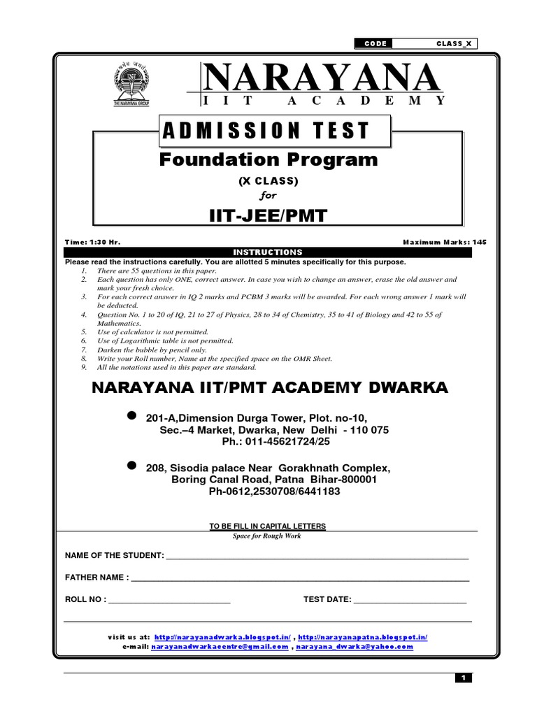 Narayana Admission Test SP PDF | PDF | Atoms | Proton
