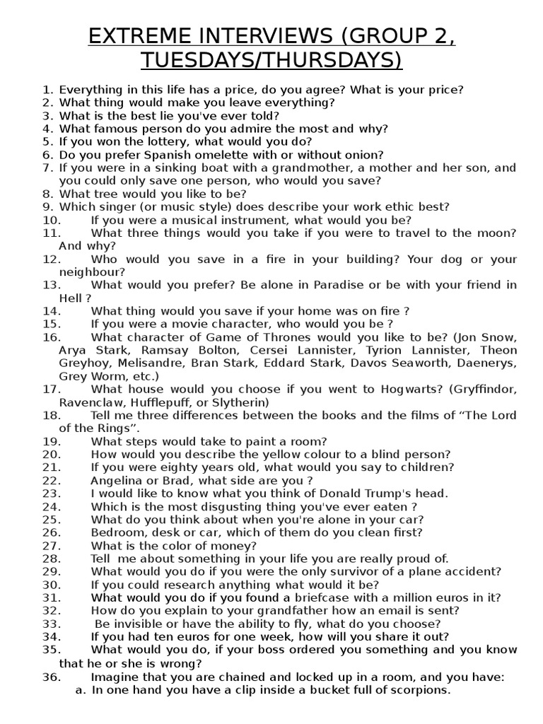 Extreme Interviews (Group 2, Tuesdays/Thursdays) | PDF | Game Of Thrones (TV Series) Episodes ...