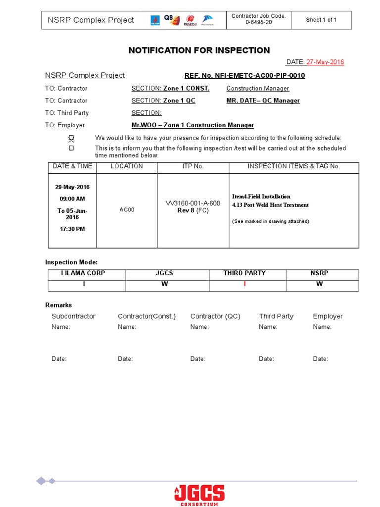 Notification For Inspection: NSRP Complex Project | PDF | Business ...