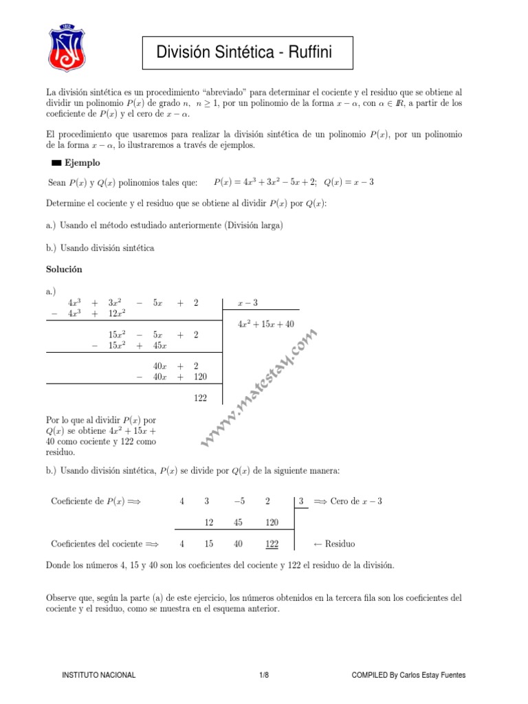 ALGEBRA División Sintética - Ruffini PDF | PDF | División (Matemáticas ...