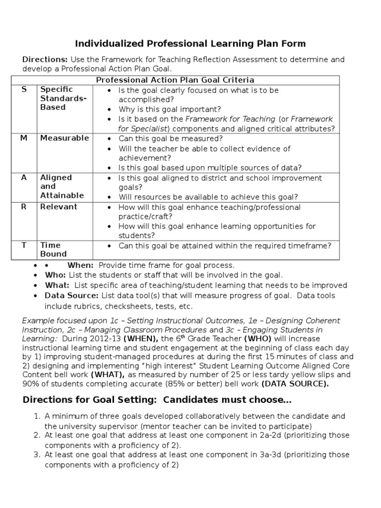 individualized professional learning plan | Goal | Educational Assessment