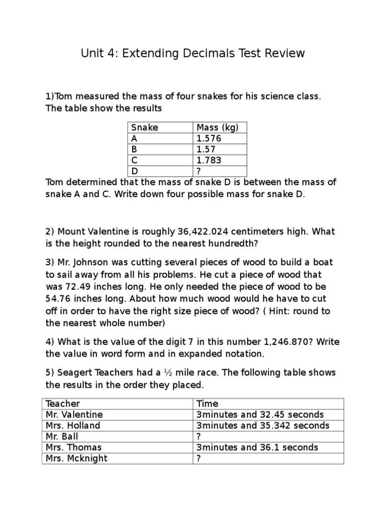 Unit 4: Extending Decimals Test Review | PDF
