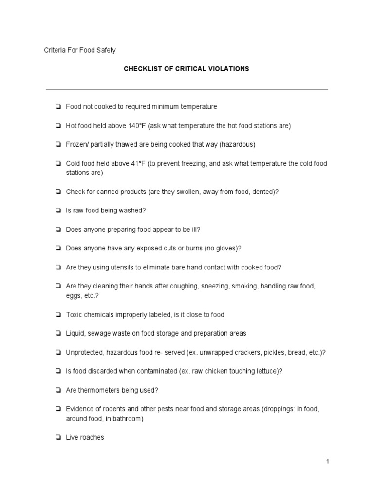 Food Safety Checklist | PDF