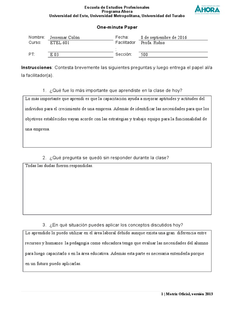 One Minute Paper | PDF | Aprendizaje | Modificación de comportamiento