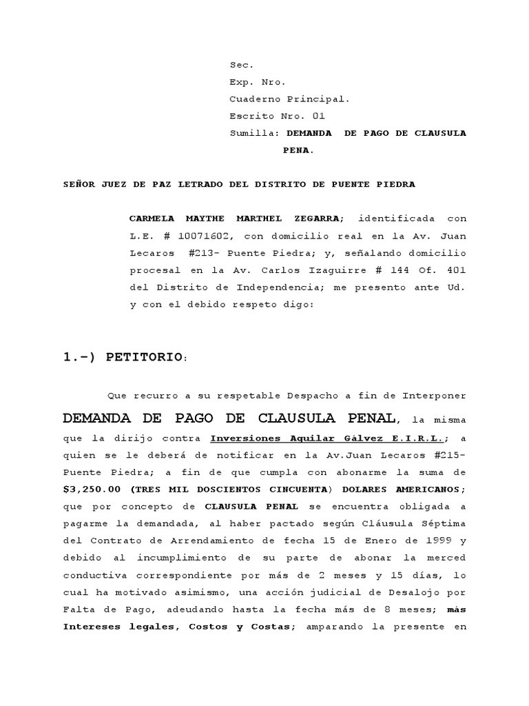 Demanda Clausula Penal | Demanda judicial | Ley procesal