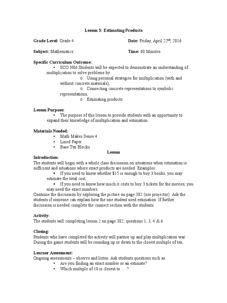 Lesson 3: Estimating Products Grade Level: Grade 4 Subject: Mathematics ...