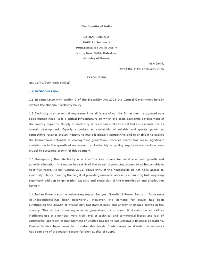 National Electricity Policy | PDF | Electric Power Transmission ...